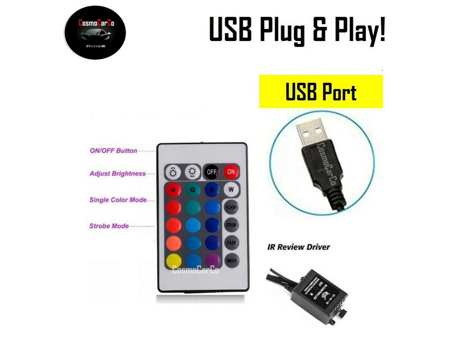 Car Interior LED Light Strip RGB USB Plug Remote Control 9 LED ...